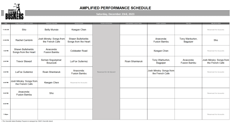 Performance Schedule – Granville Island Buskers