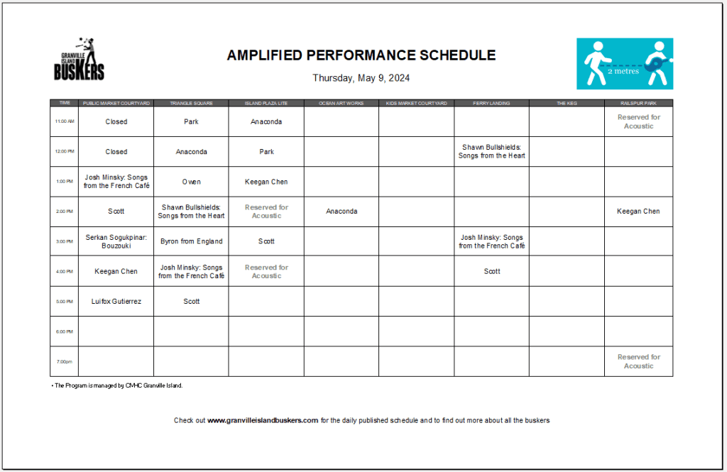 Performance Schedule – Granville Island Buskers