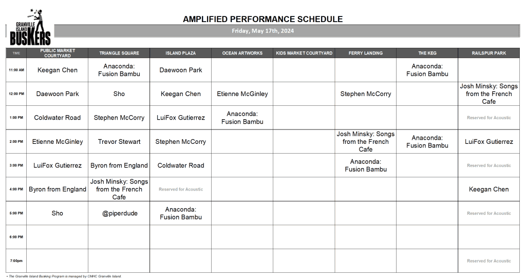 Performance Schedule – Granville Island Buskers
