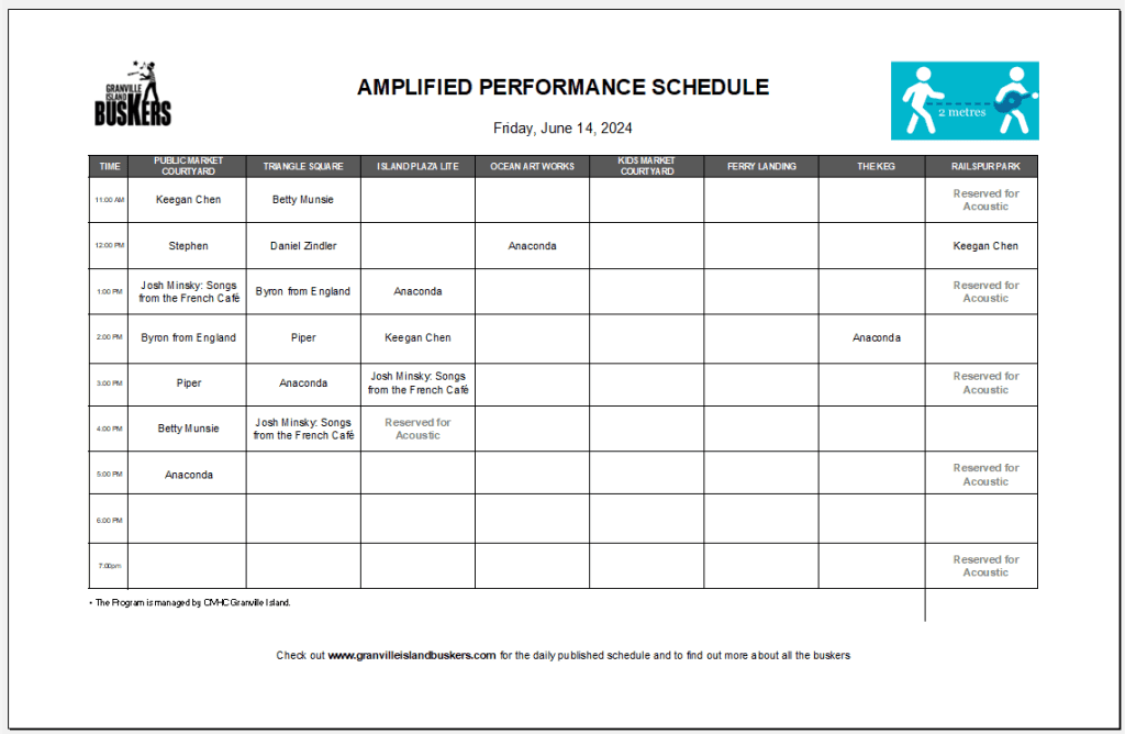 Performance Schedule – Granville Island Buskers